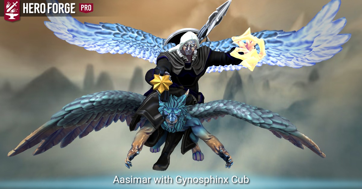 Aasimar with Gynosphinx Cub - made with Hero Forge